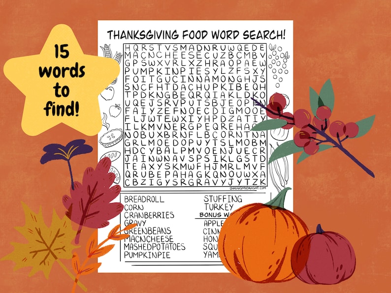 Thanksgiving Food Word Search - Etsy