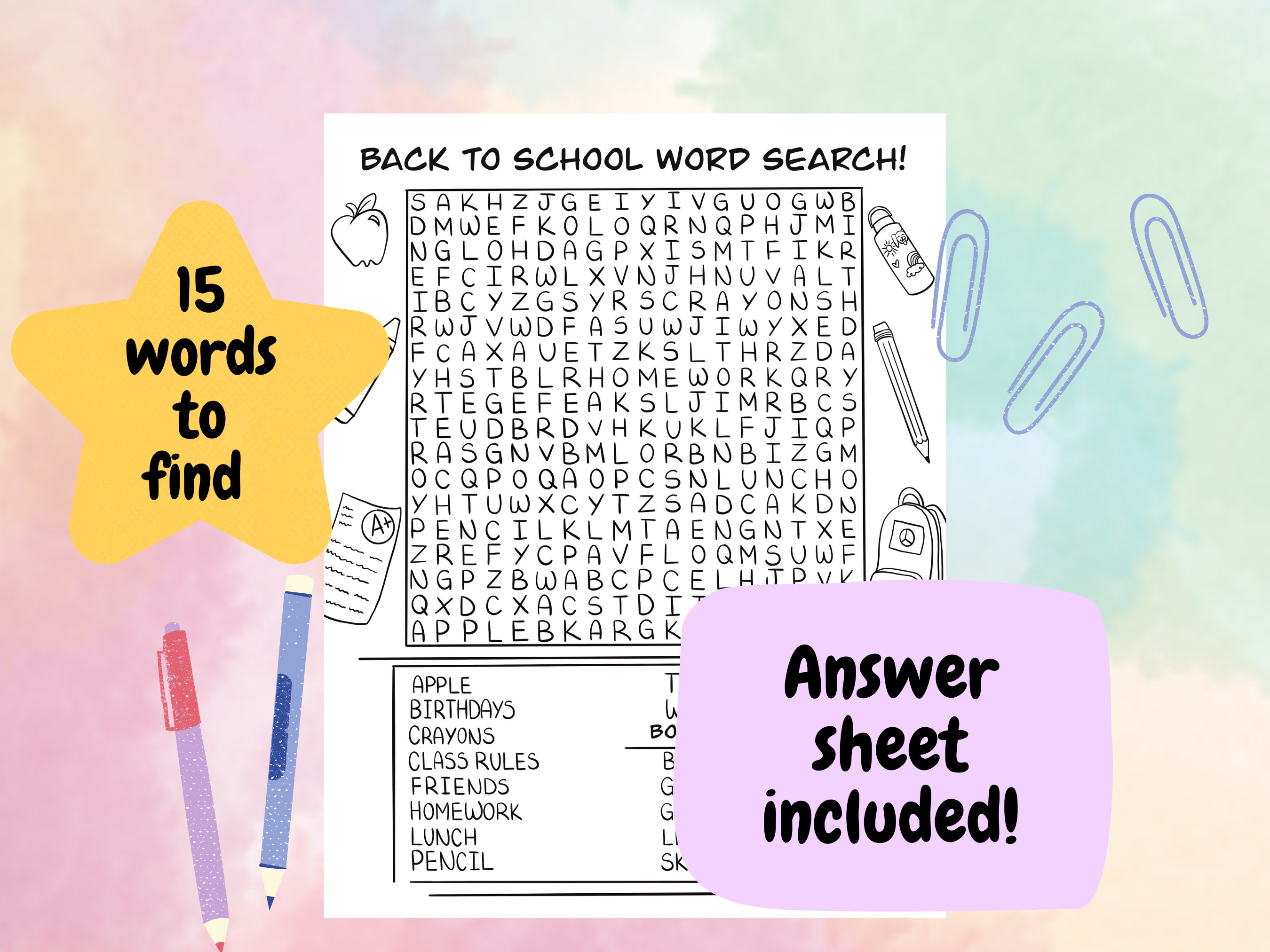 Back to School Word Search - Etsy