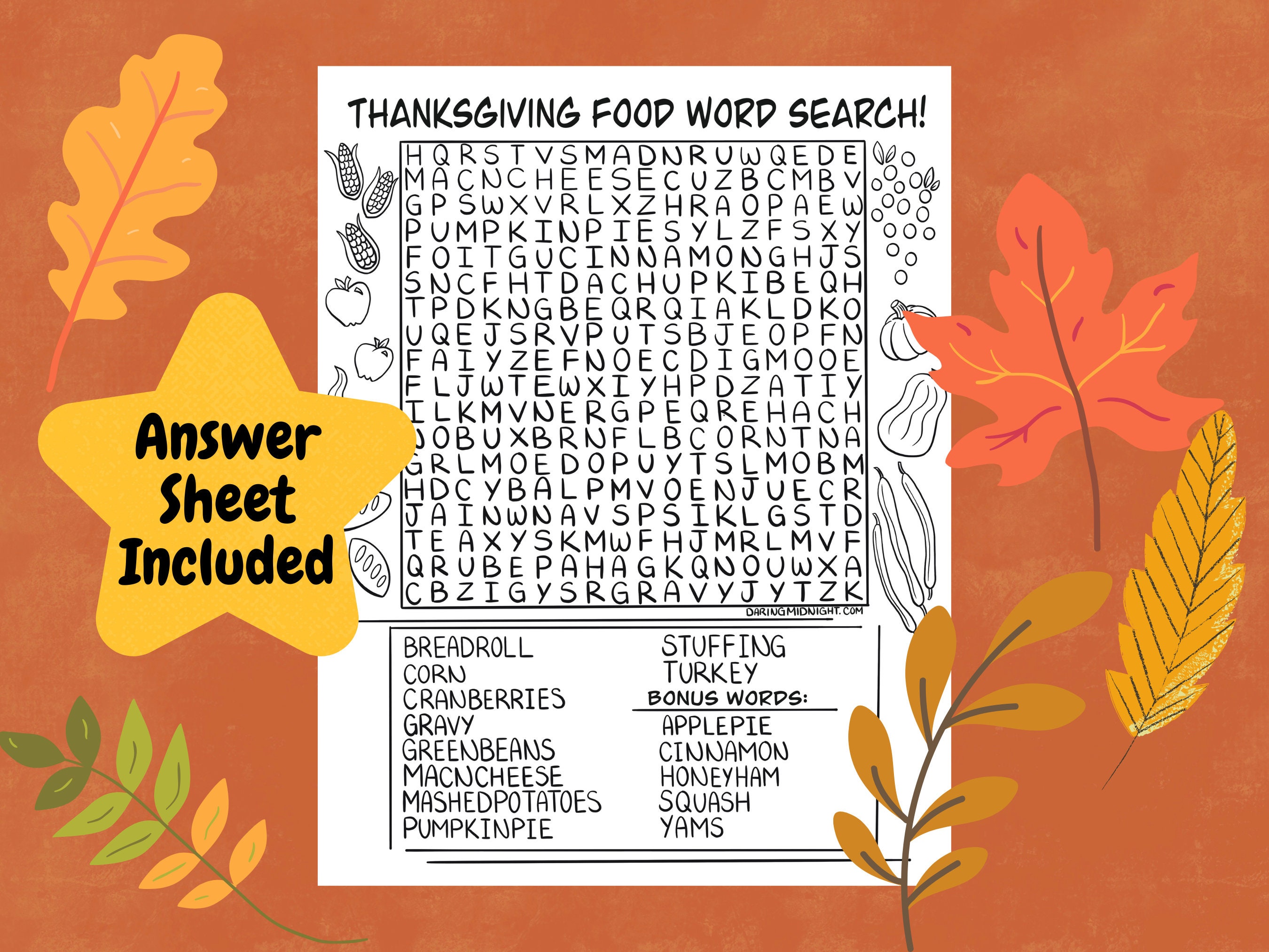 Thanksgiving Food Word Search - Etsy