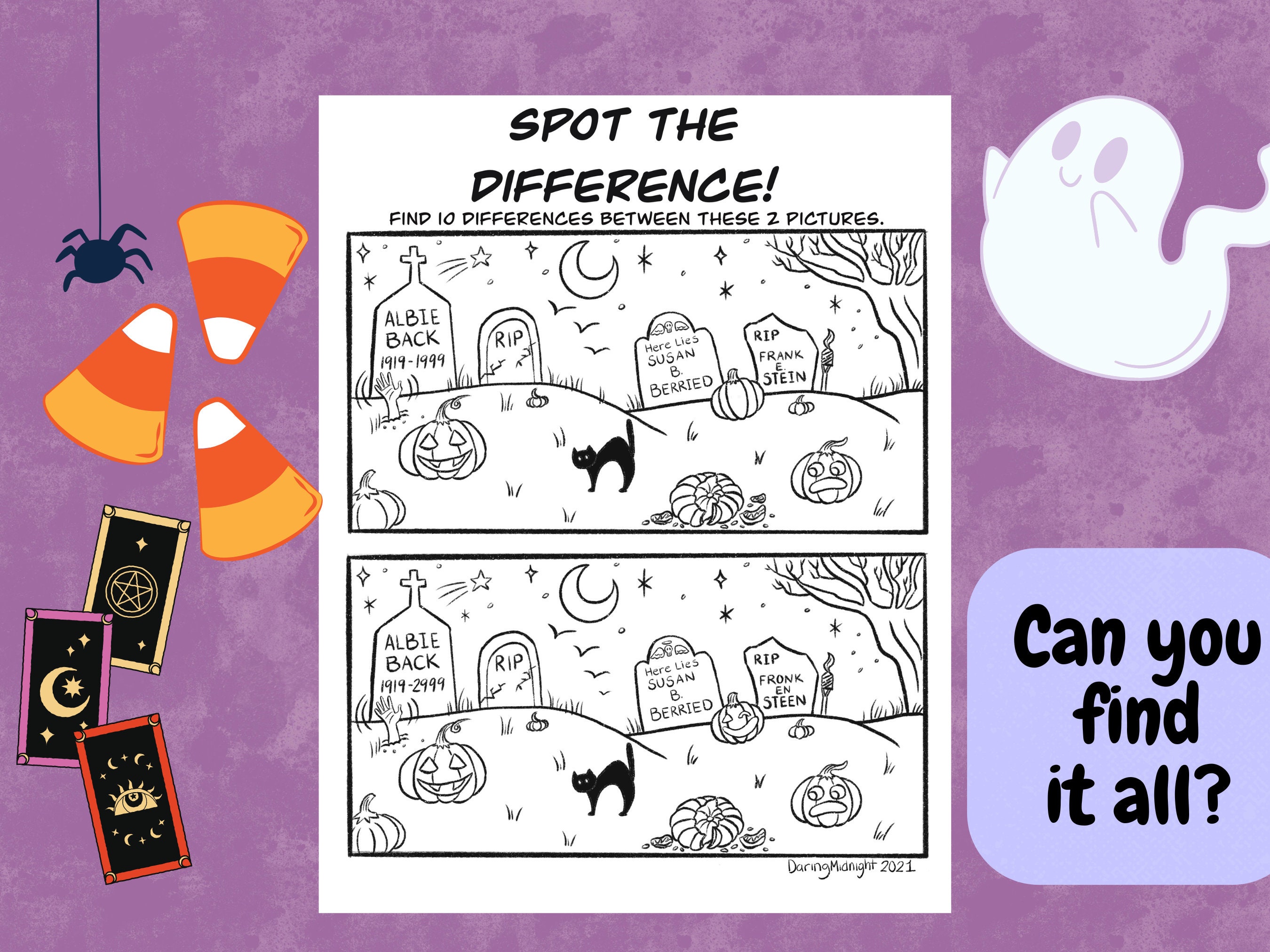 Spot the Difference Spooky, Halloween Printable Games, Halloween PDF ...