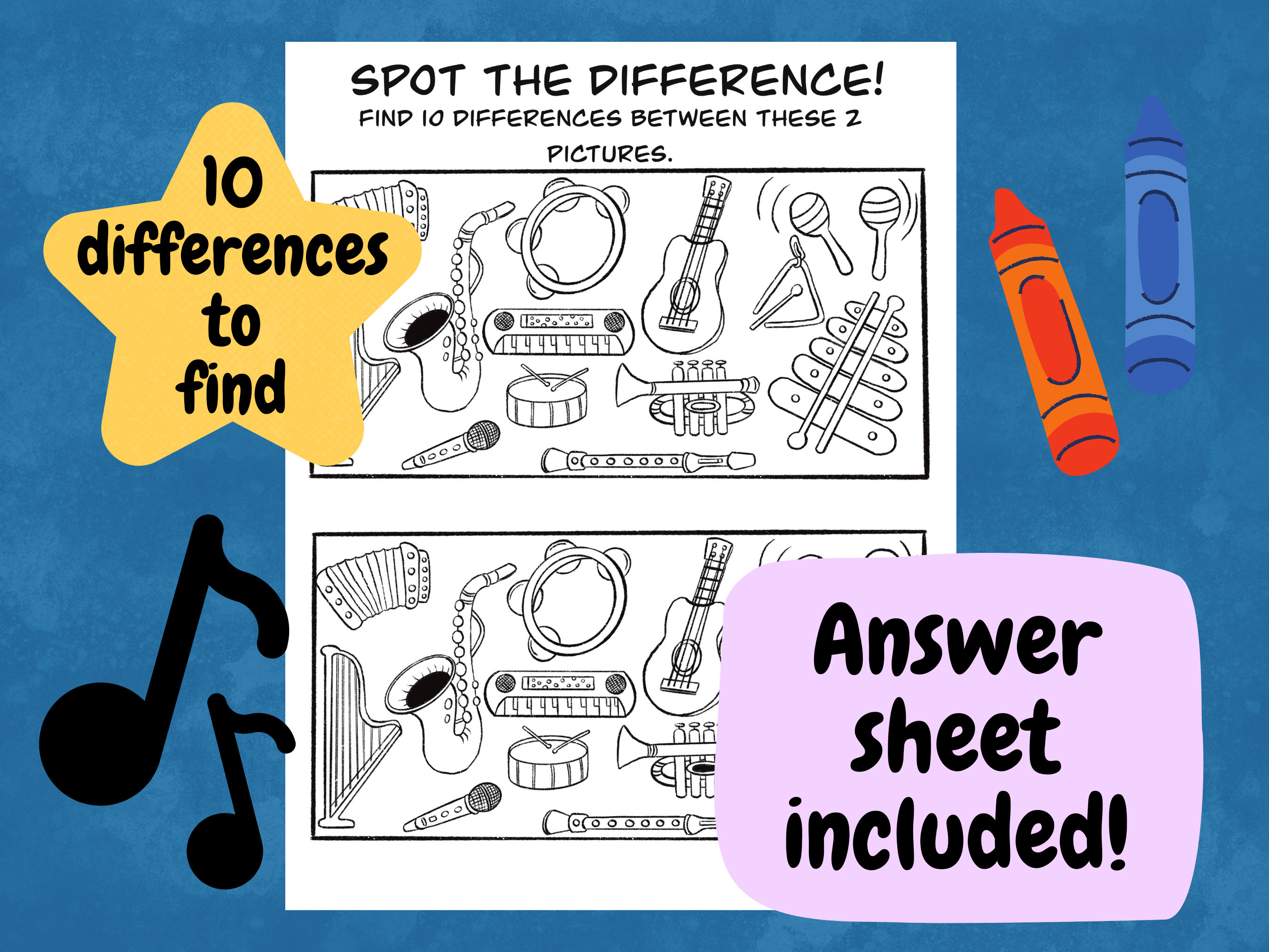 Spot the Difference Music, Music Activity, Hidden Object Game, Coloring ...