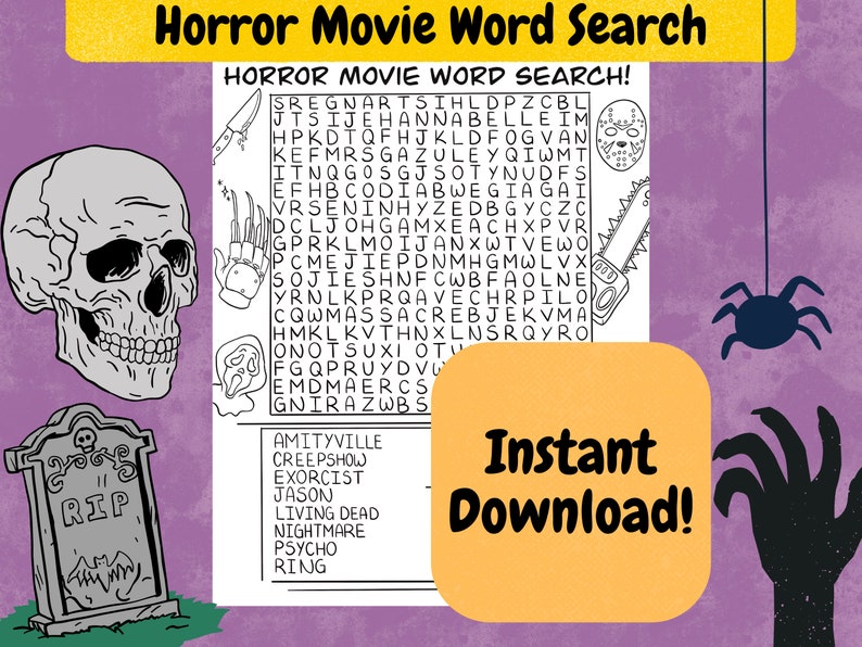 Horror Movie Word Search, Horror Movie Activity, Halloween PDF, Instant ...
