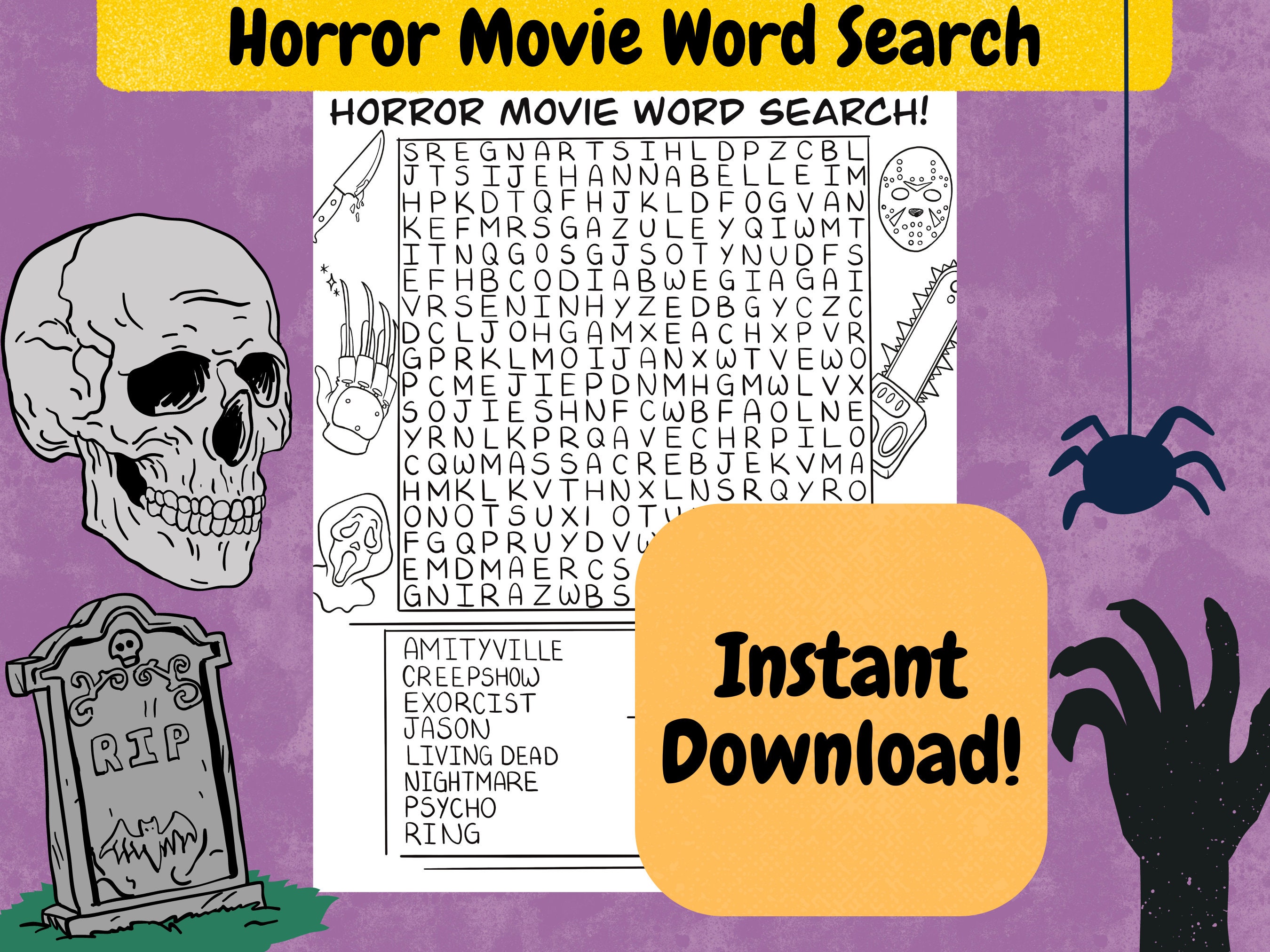 Horror Movie Word Search, Horror Movie Activity, Halloween PDF, Instant ...