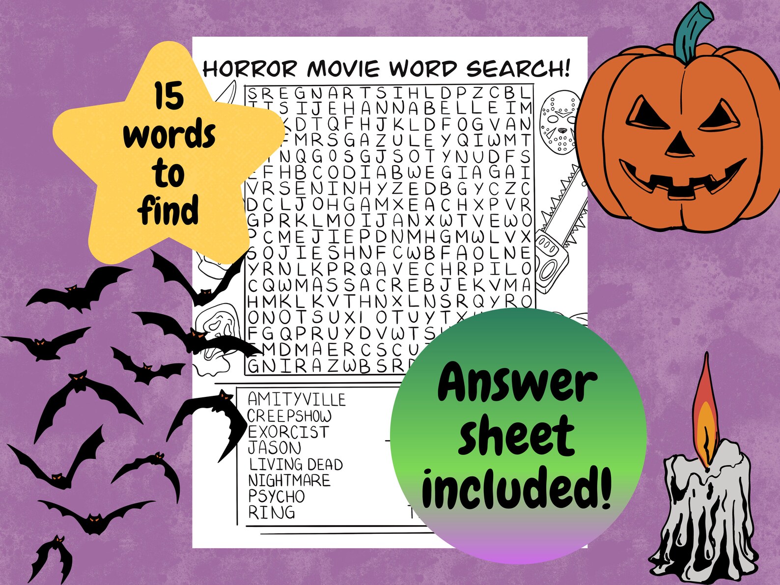 Horror Movie Word Search, Horror Movie Activity, Halloween PDF, Instant ...