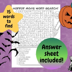 Horror Movie Word Search, Horror Movie Activity, Halloween PDF, Instant ...