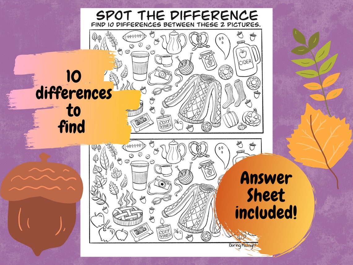 Spot the Difference Fall, Kids Activity Sheet, Halloween Game, Instant ...