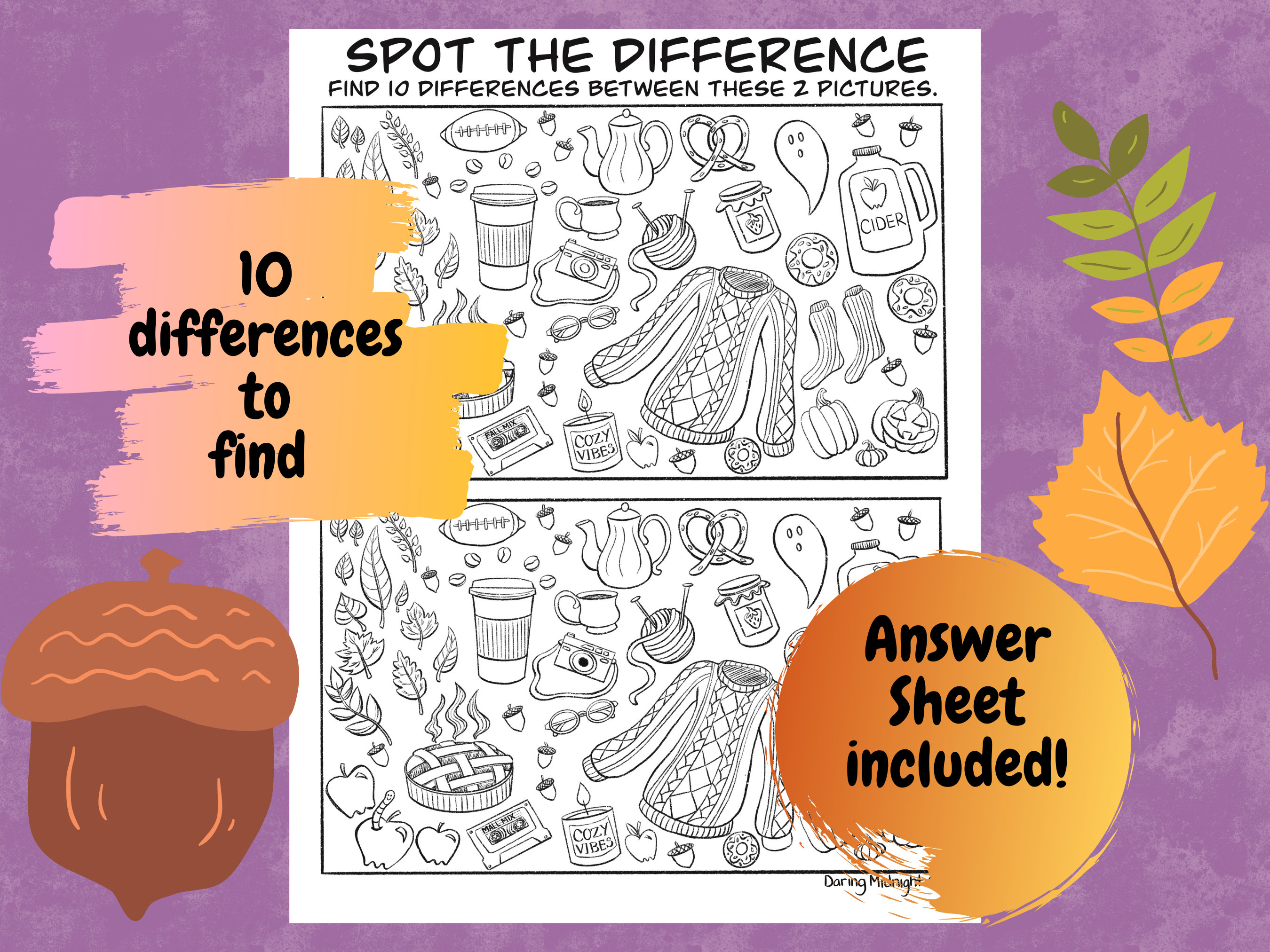 Spot the Difference Fall, Kids Activity Sheet, Halloween Game, Instant ...