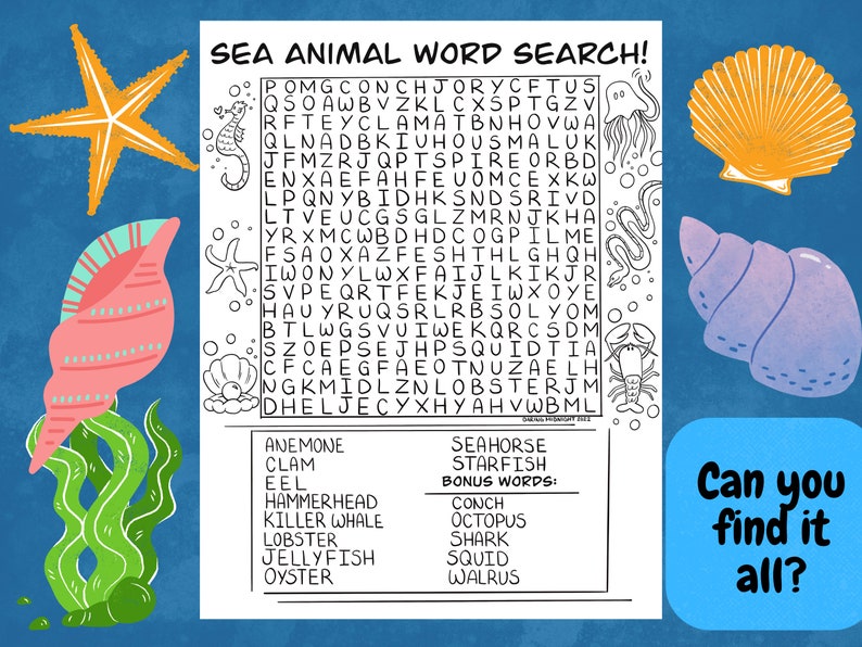 Sea Animal Word Search - Etsy