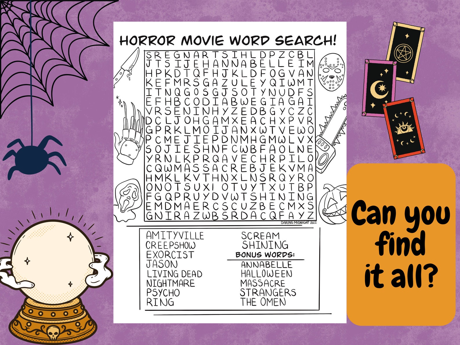 Horror Movie Word Search, Horror Movie Activity, Halloween PDF, Instant ...