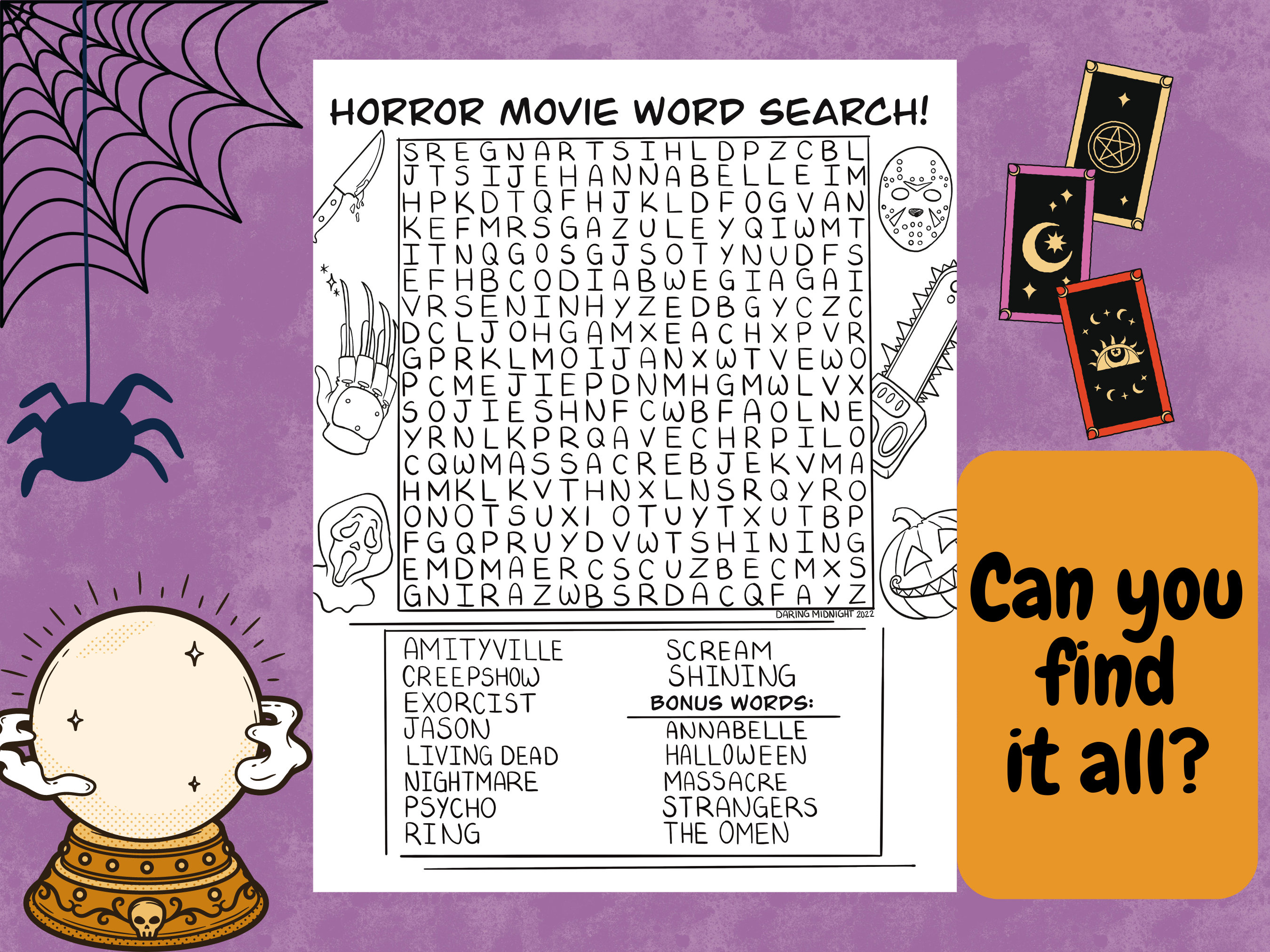 Horror Movie Word Search, Horror Movie Activity, Halloween PDF, Instant ...