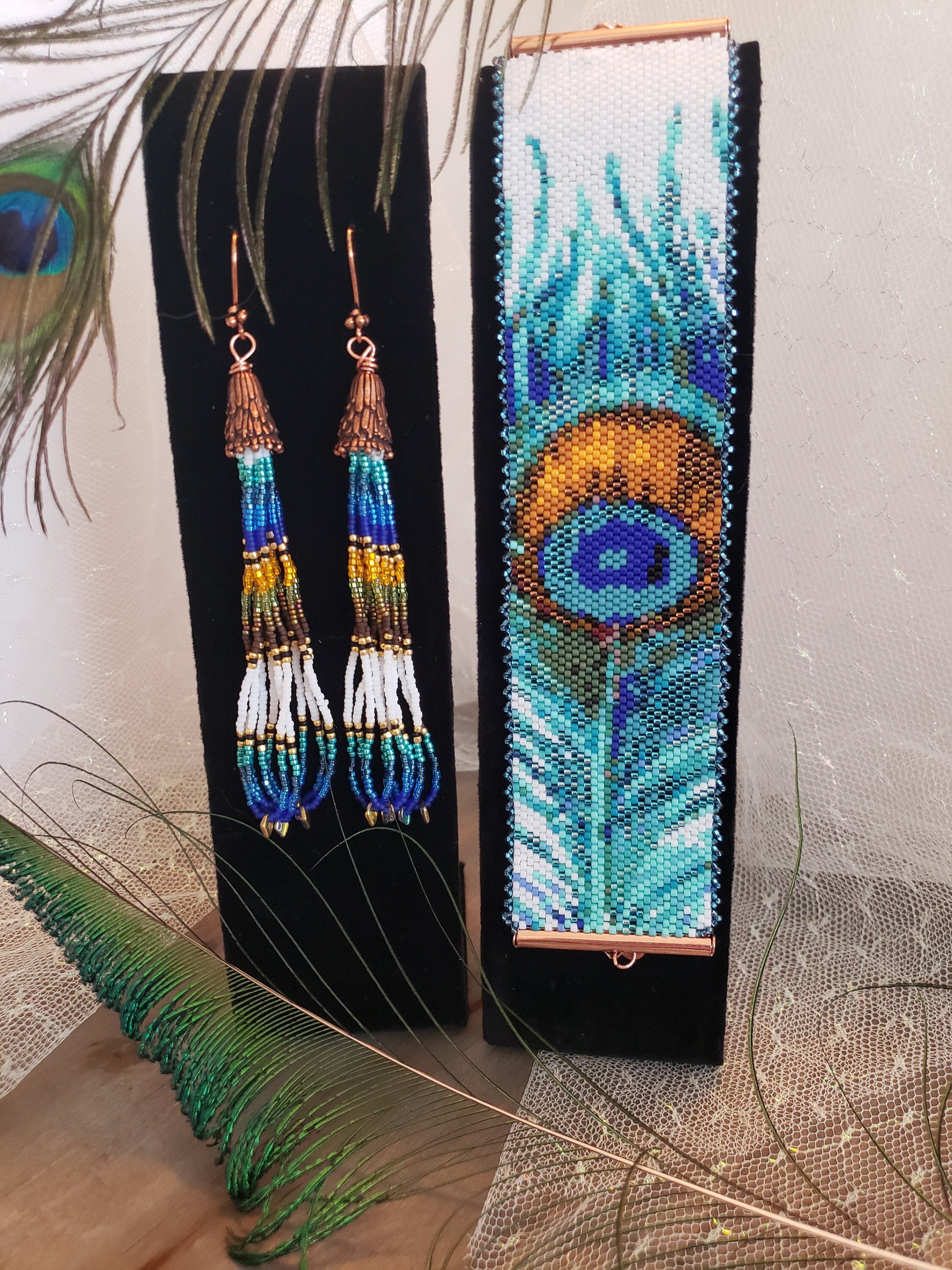 Stunning Peyote Stitch Peacock Feather Bracelet. 1 of a Kind, Hand Made ...