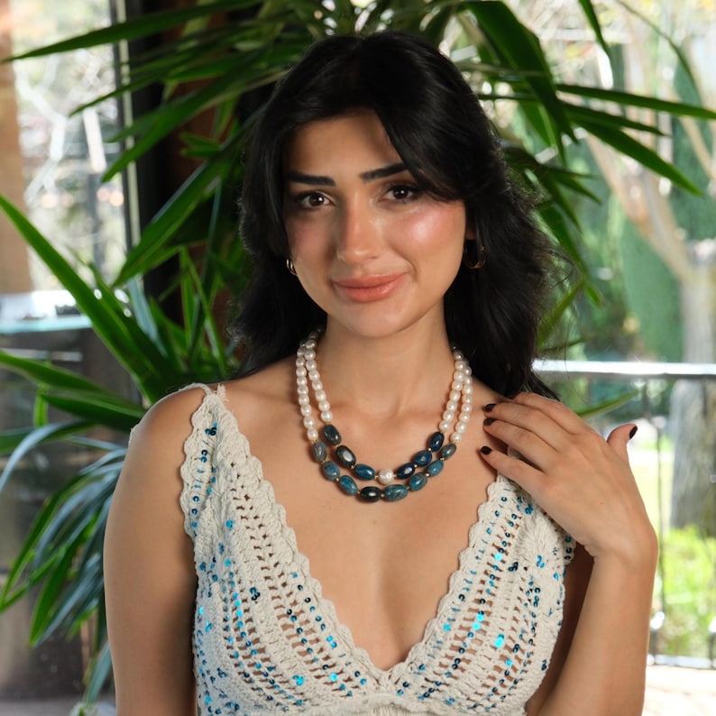 Real Apatite and Pearl Necklace Set, Double Strand Gemstone Choker ...