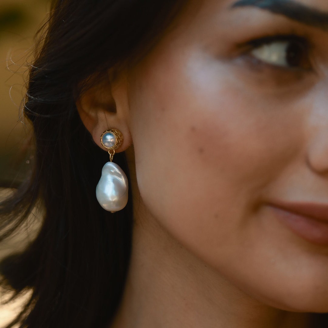 Large Baroque Pearl Drop Earrings, White Fireball Baroque Statement ...