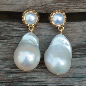 Large Baroque Pearl Drop Earrings, White Fireball Baroque Statement, Bridal Earrings, Minimalist ...