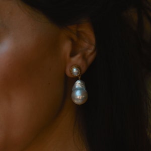 Large Baroque Pearl Drop Earrings, White Fireball Baroque Statement, Bridal Earrings, Minimalist ...