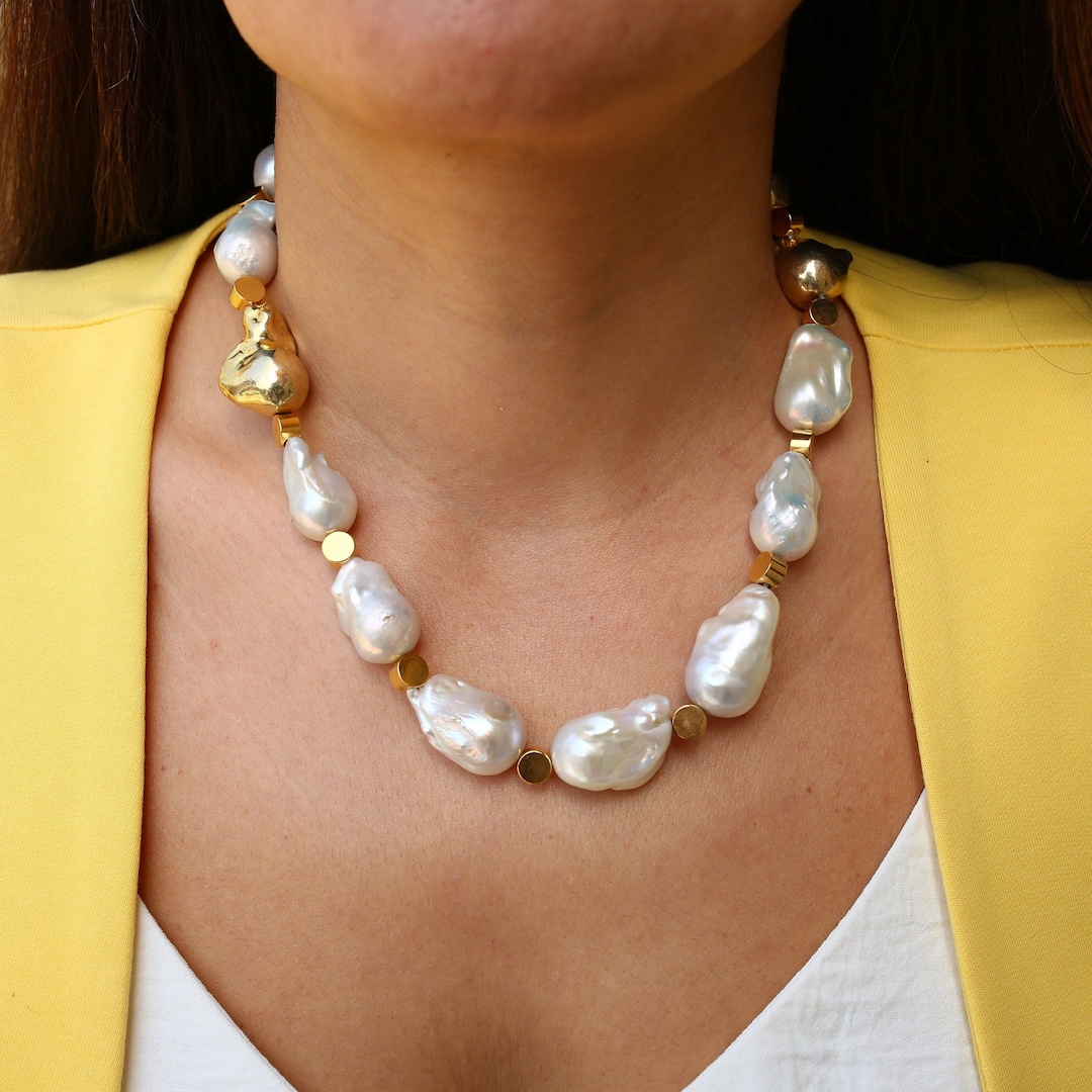 Natural Large Pearl Statement Necklace, Gold Baroque Pearl Choker, Gold ...