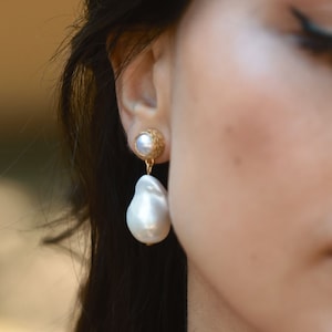 Large Baroque Pearl Drop Earrings, White Fireball Baroque Statement, Bridal Earrings, Minimalist ...