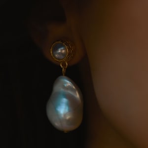 Large Baroque Pearl Drop Earrings, White Fireball Baroque Statement, Bridal Earrings, Minimalist ...