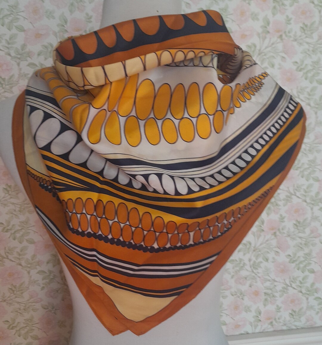 Beautiful Mid Century 60s Vintage Satin Scarf Amber Brown Gold Blue ...