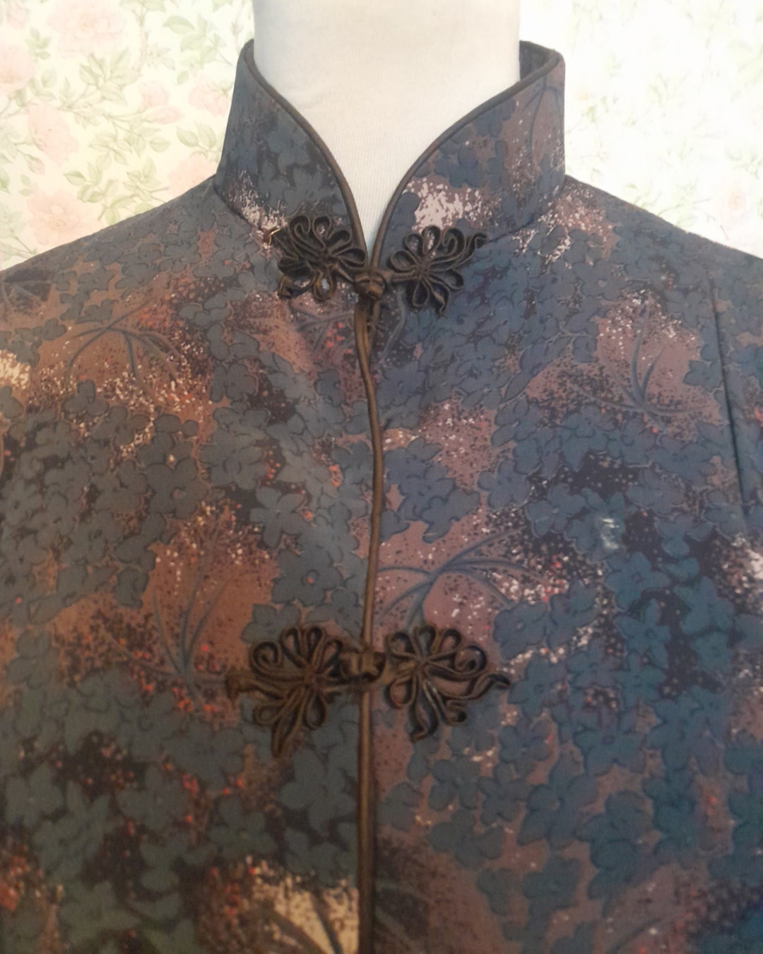 Authentic Vintage Pure Silk Cheongsam Jacket Blue W Brown Leaf Design ...