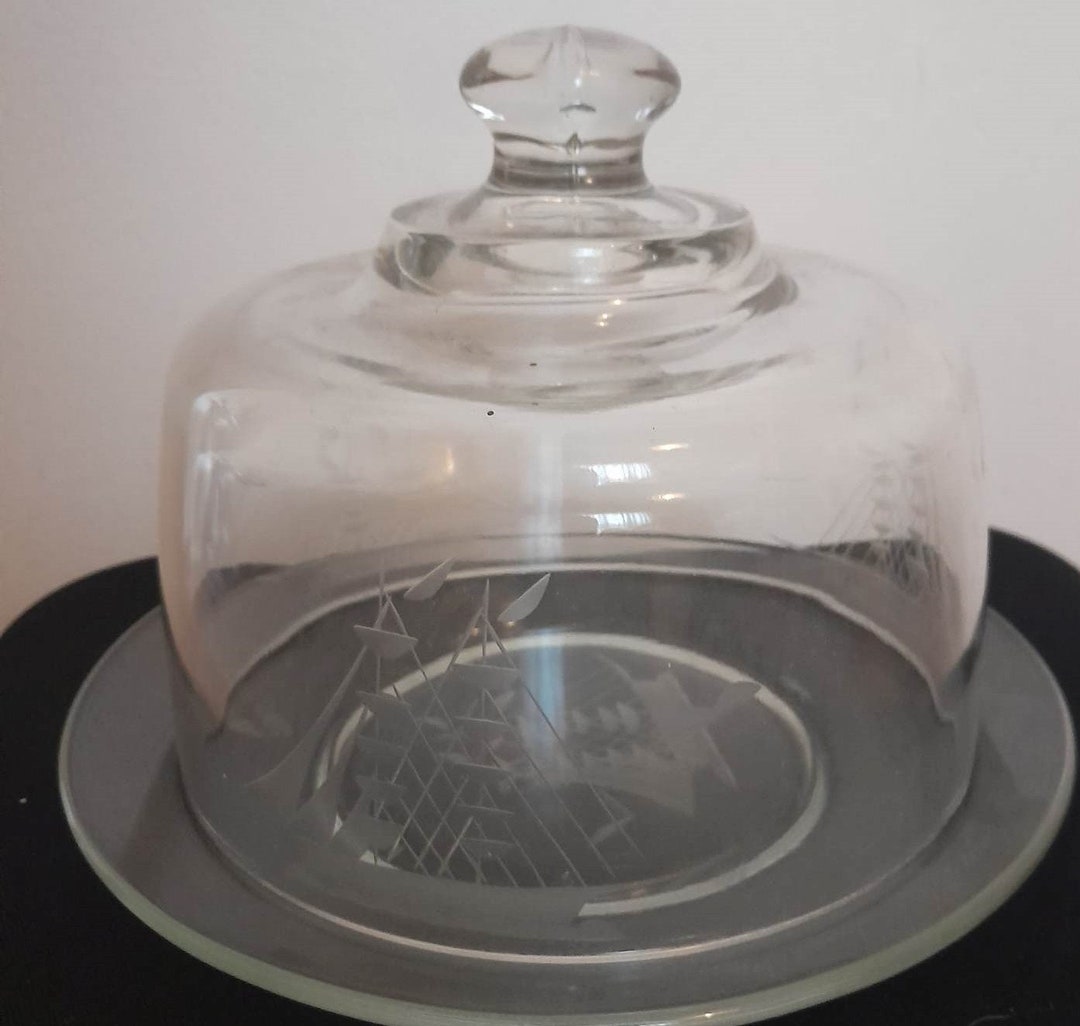 Mid Century Vintage Etched Glass Dome Plate Tall Ship Cheese Butter ...