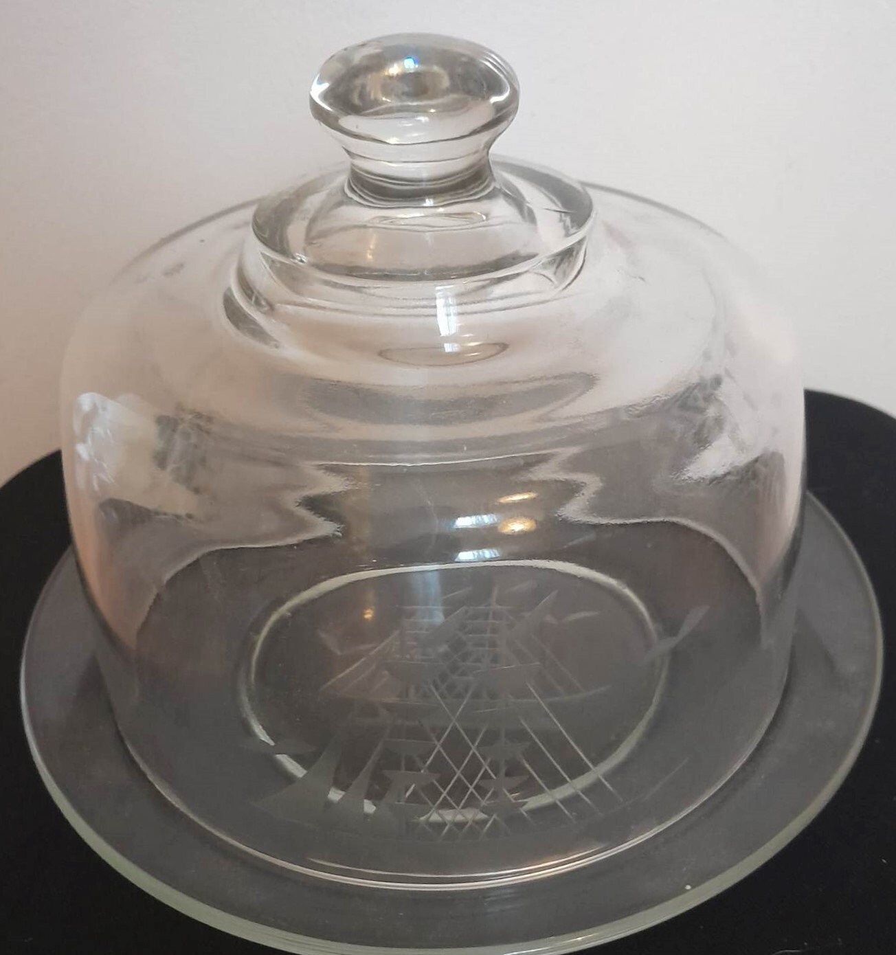 Mid Century Vintage Etched Glass Dome Plate Tall Ship Cheese Butter ...