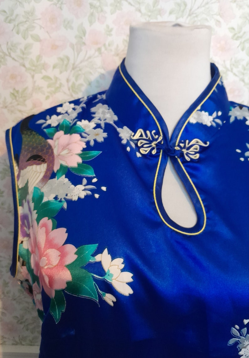 Blue Cheongsam Dress With Flower and Peacock Detail and Keyhole ...