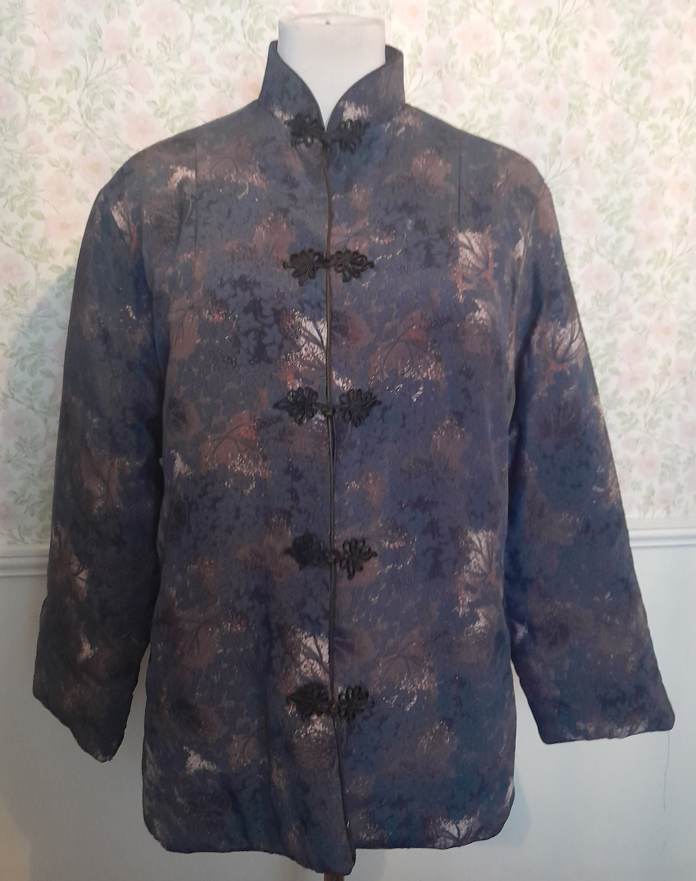 Authentic Vintage Pure Silk Cheongsam Jacket Blue W Brown Leaf Design ...