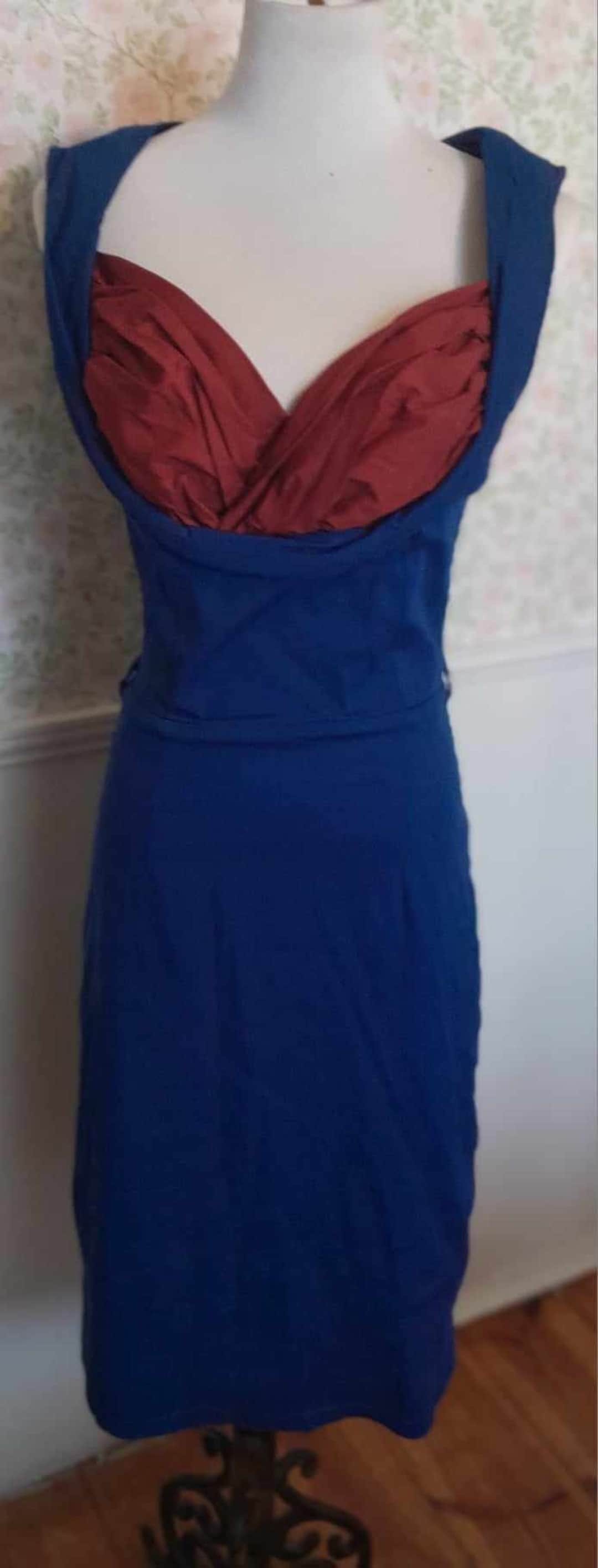 Stunning Retro Style Lindy Bop Blue Maroon Fitted Sweet Heart Wiggle ...