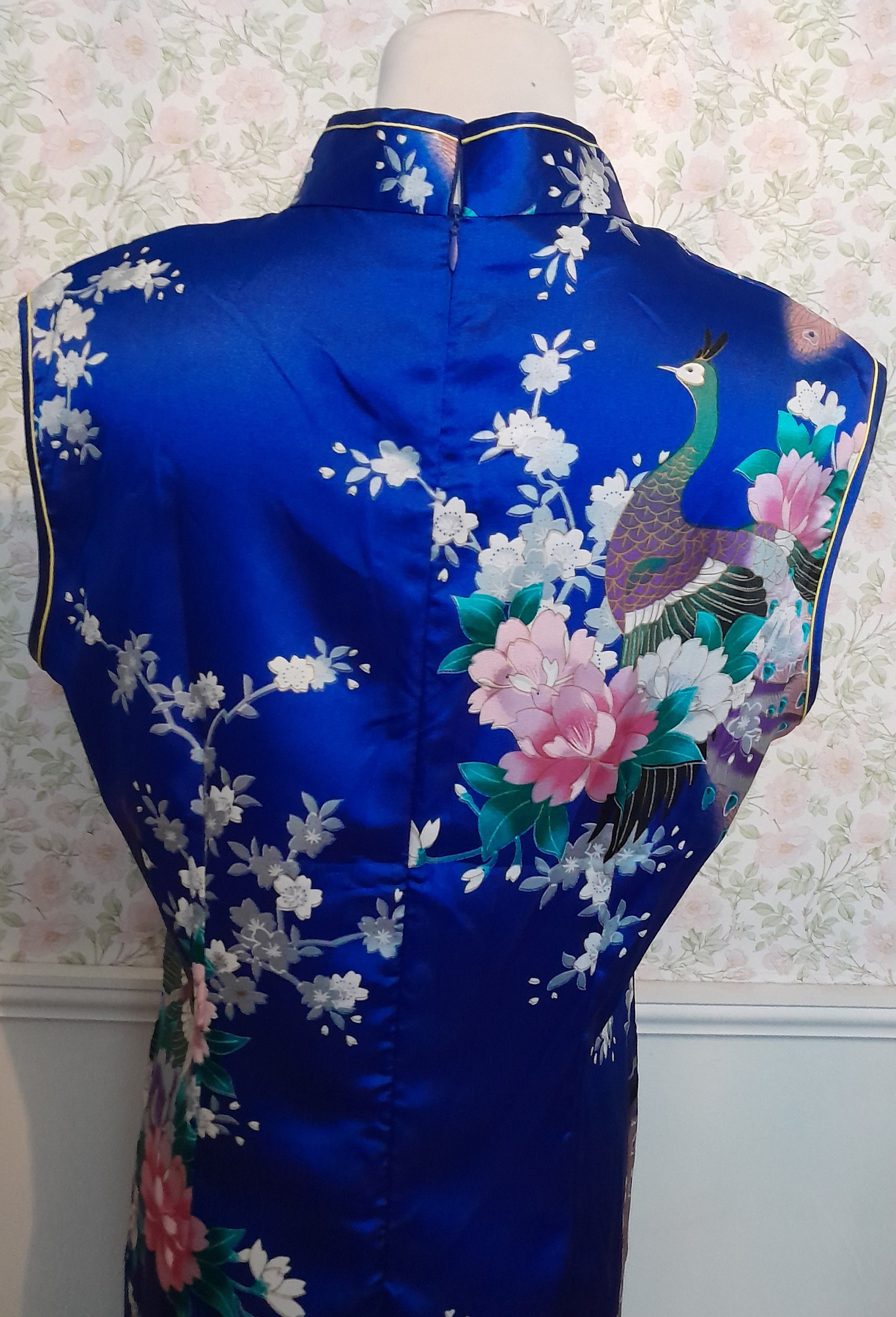 Blue Cheongsam Dress With Flower and Peacock Detail and Keyhole ...
