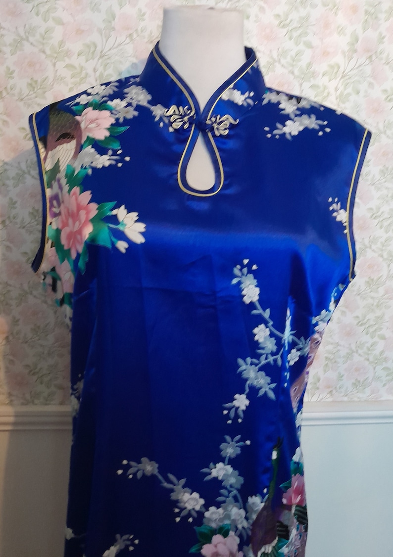 Blue Cheongsam Dress With Flower and Peacock Detail and Keyhole ...