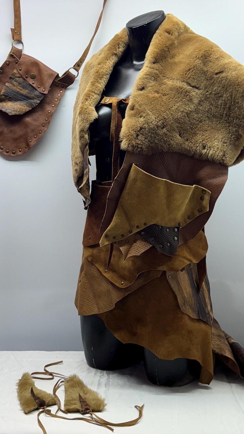 Handmade Leather Skirt Set With Fur Shawl | Viking Tribal Costume (XS ...