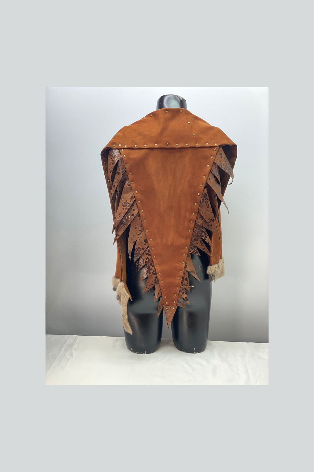 Studded Leather Shawl, Crocodile Tooth Design Suede Leather Cape, Furry ...