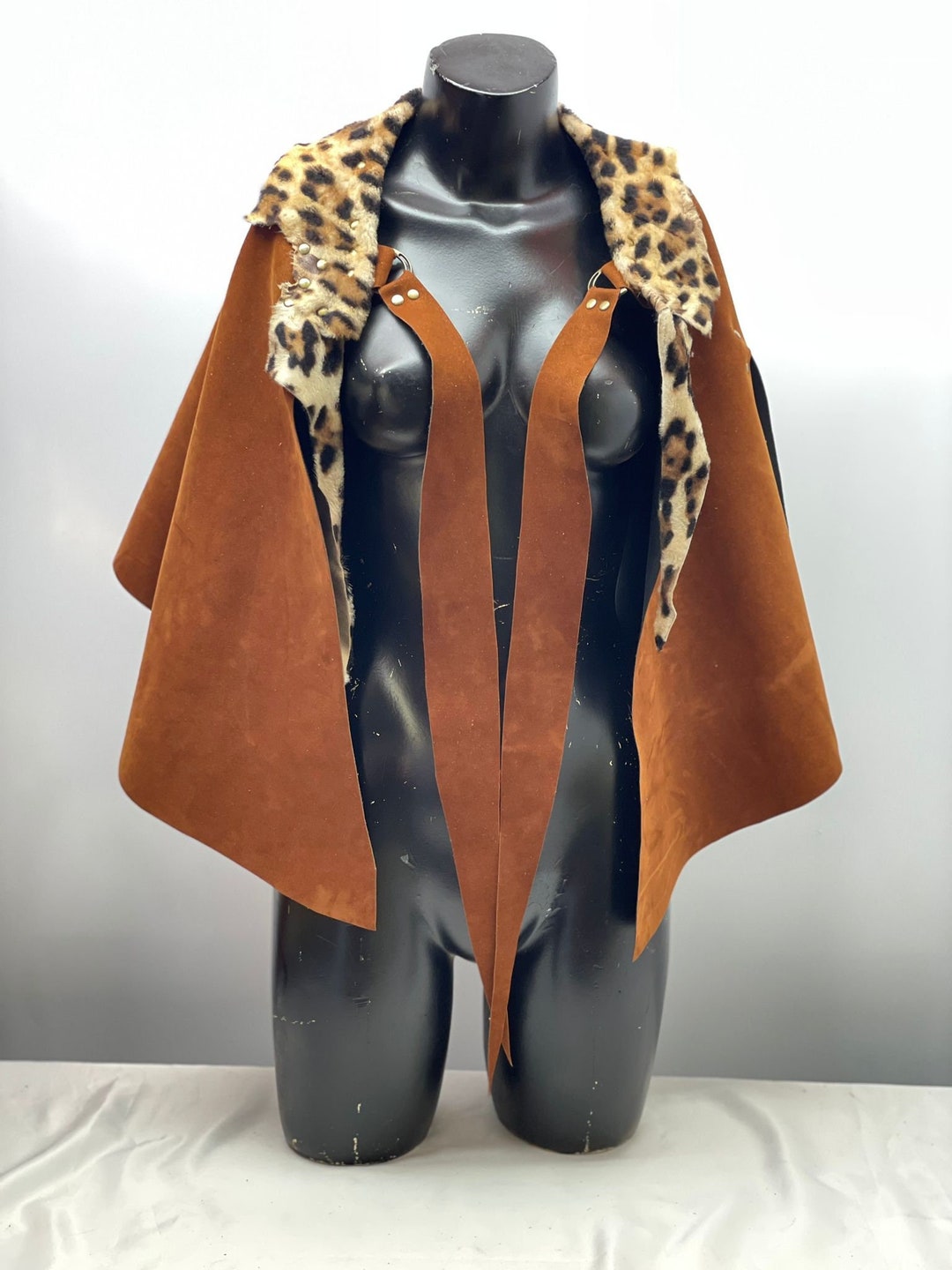 Brown Faux Leather Shawl, Leopard Patterned Fur Suede Leather Cape ...