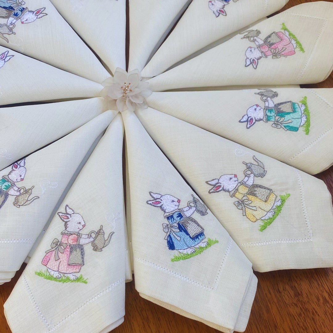 Easter Bunnies Embroidered Linen Napkin colorful Easter Table Setting ...