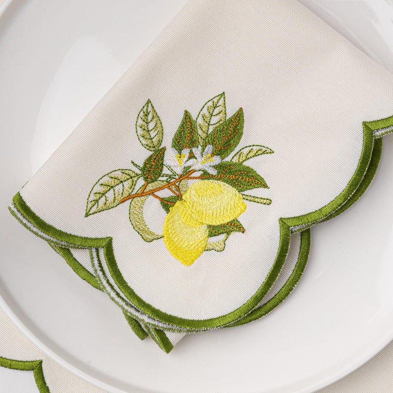 Lemon Embroidered Linen Napkin & Placemat Set- Scalloped Edge Citrus ...