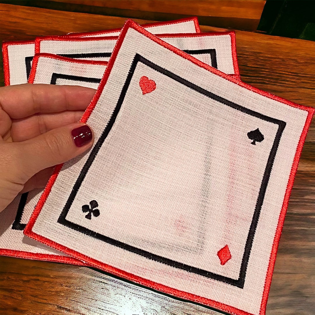 Embroidered Playing Cards Cocktail Napkins, Casino Cards Napkin Set ...