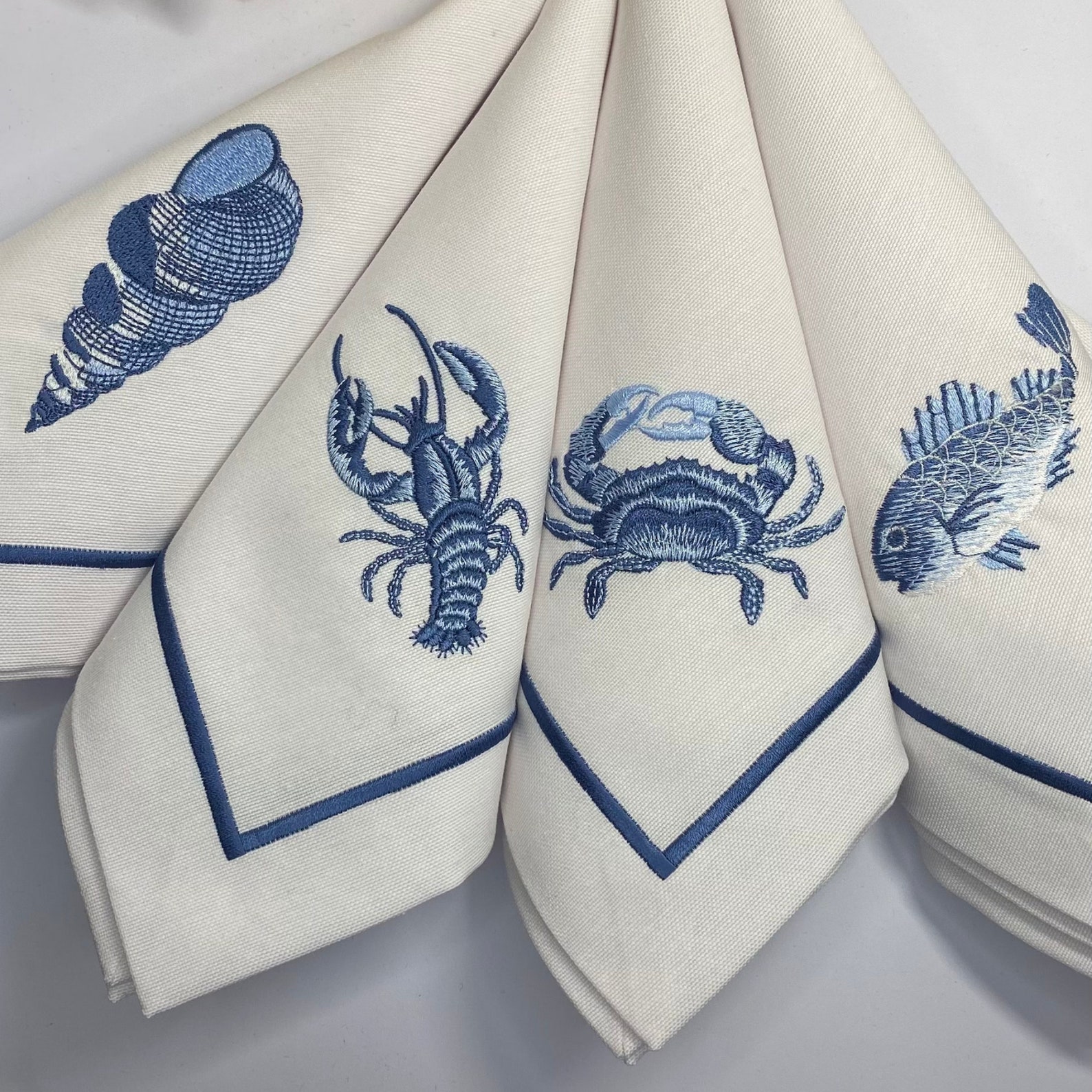 Embroidered Nautical Napkin Set- Blue Marine Life Decor-yacht Tableware ...