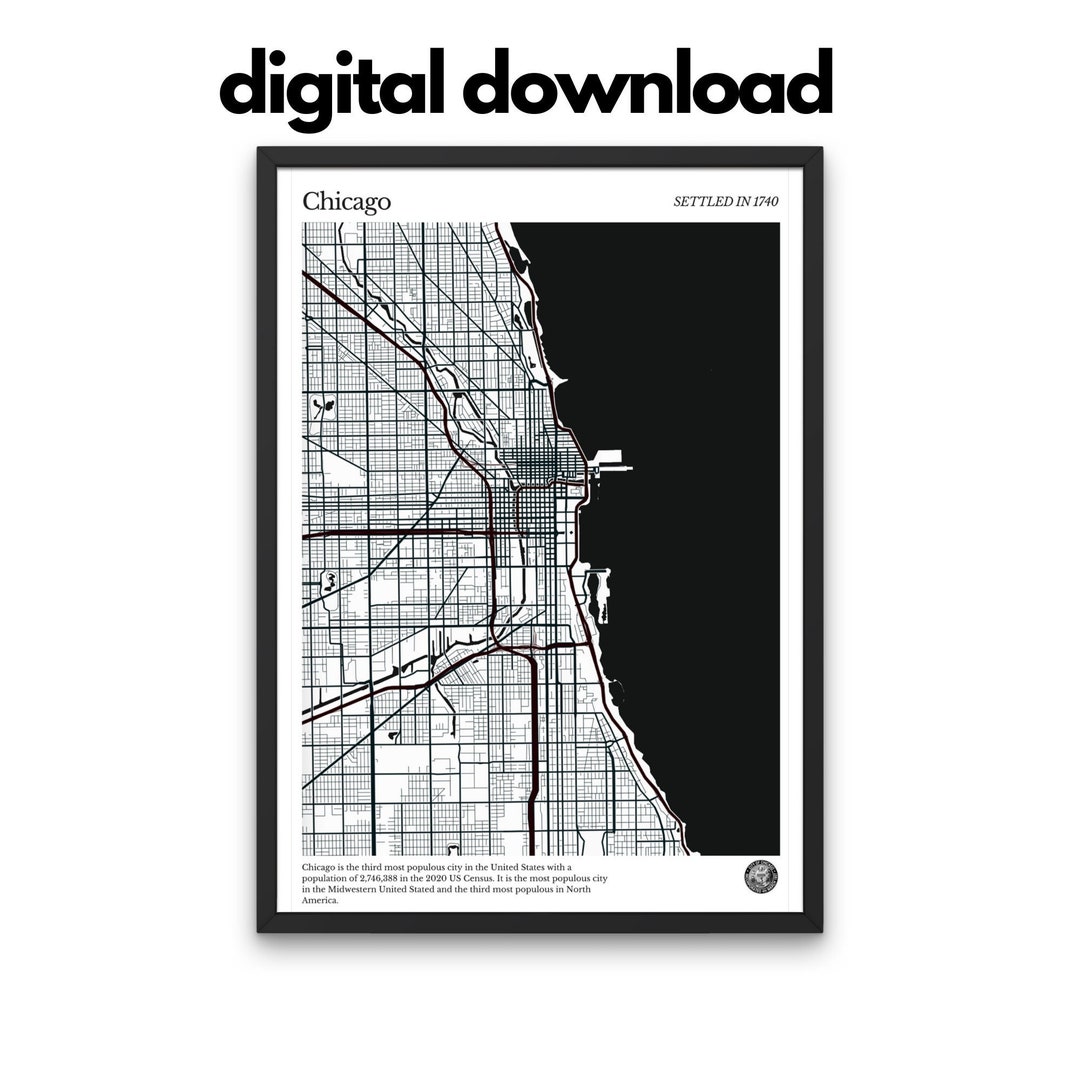 Map of Chicago Digital Download Black and White Print CHI USA - Etsy