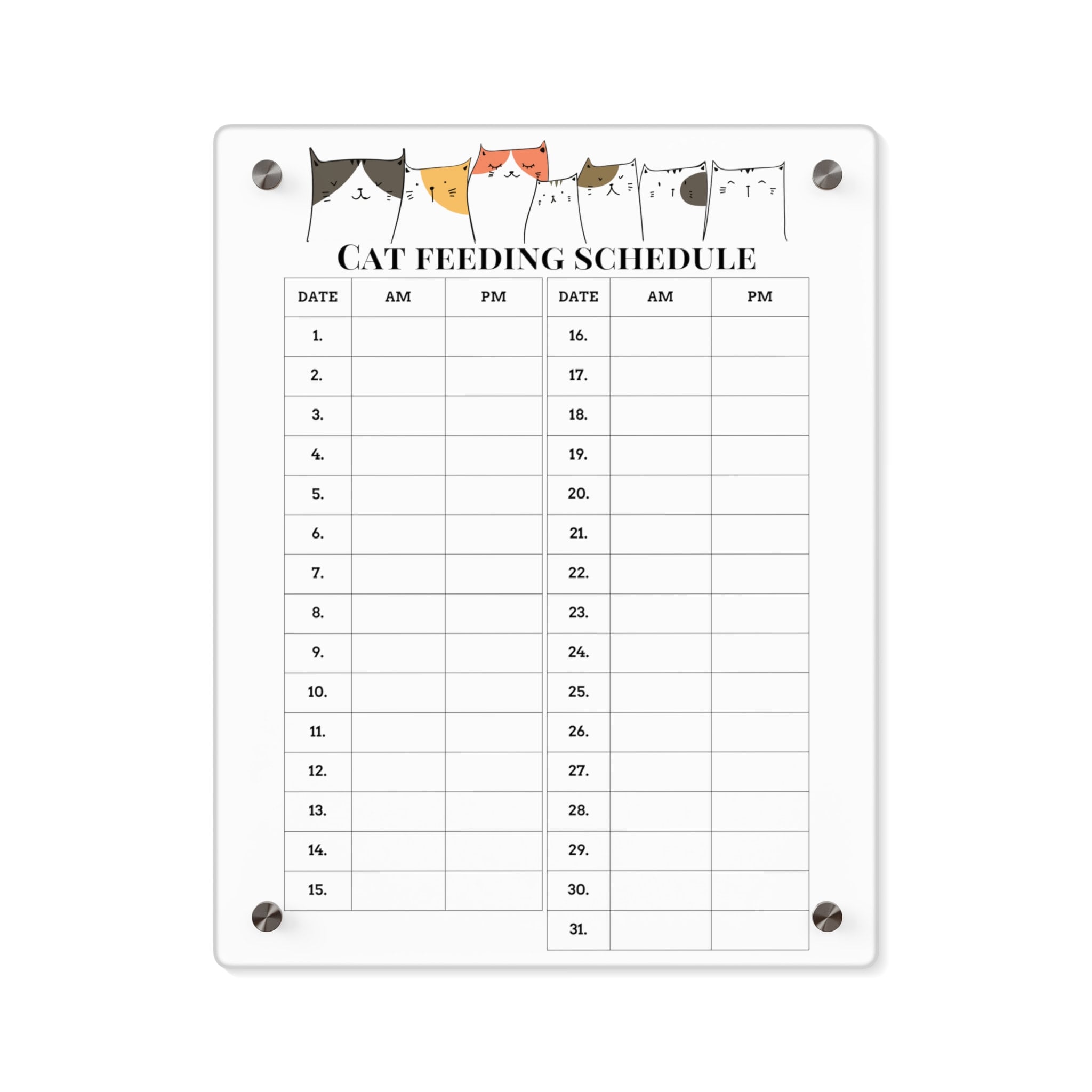 Acrylic Cat Feeding Chart, Reusable Feeding Schedule for Cats, Cat ...