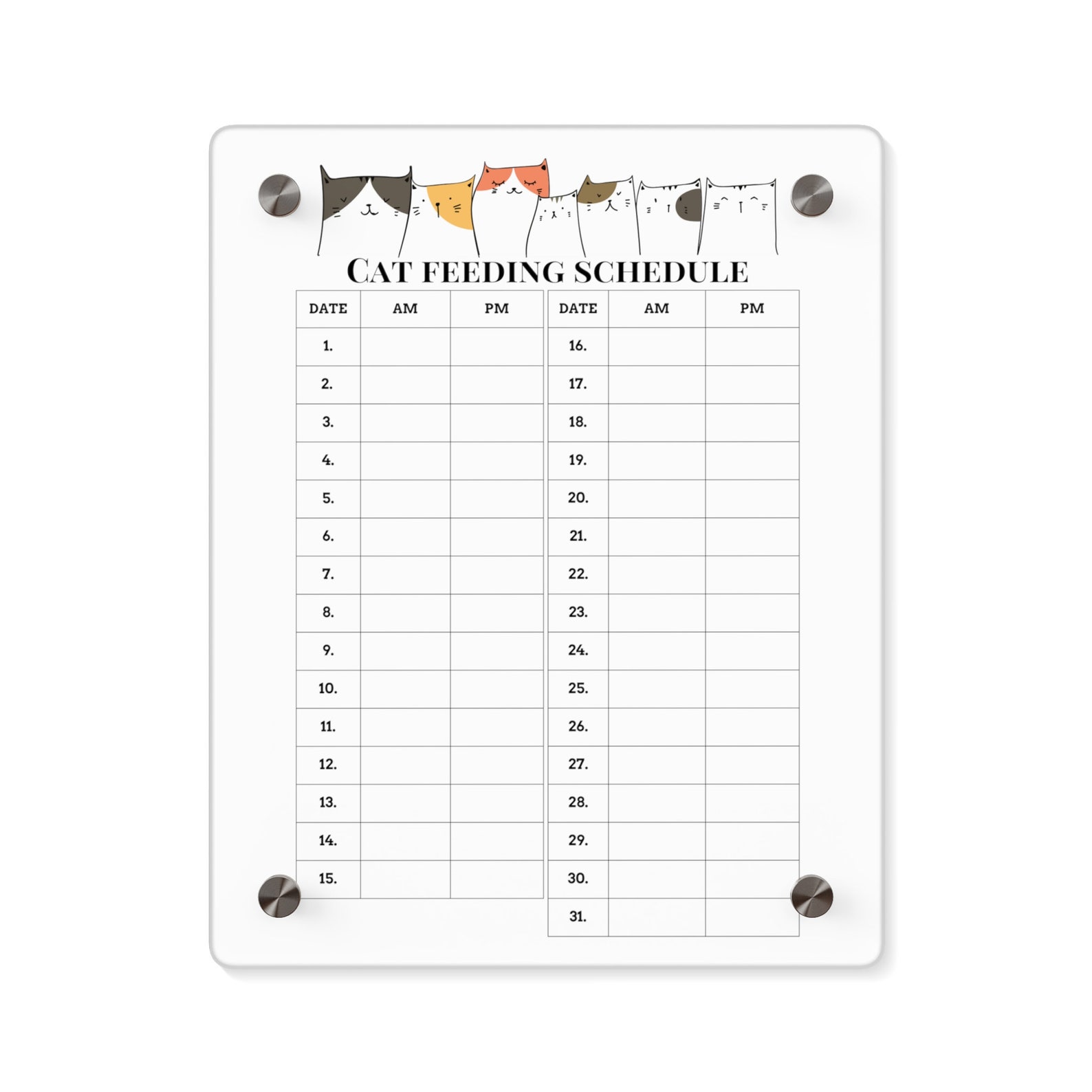 Acrylic Cat Feeding Chart, Reusable Feeding Schedule for Cats, Cat ...