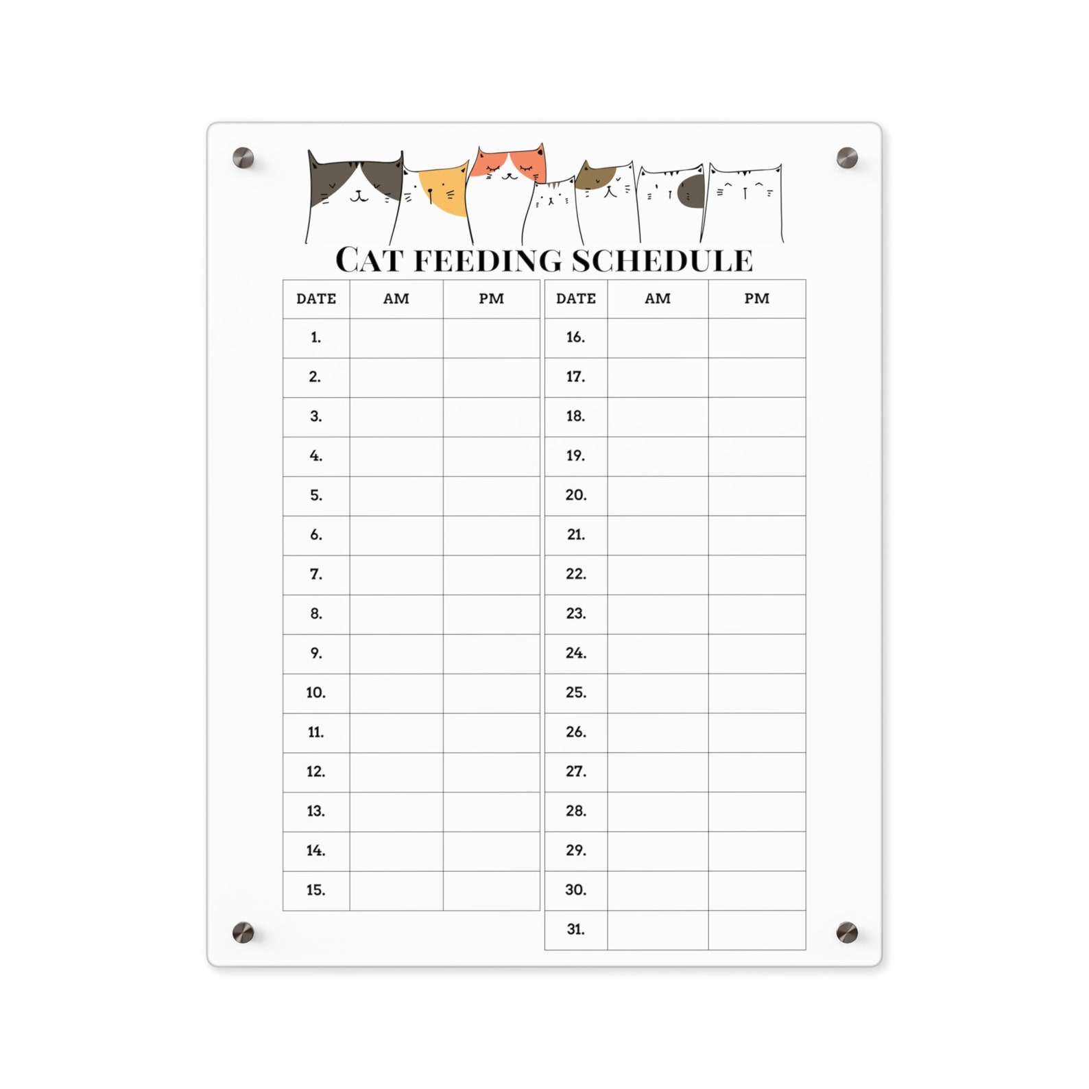 Acrylic Cat Feeding Chart, Reusable Feeding Schedule for Cats, Cat ...