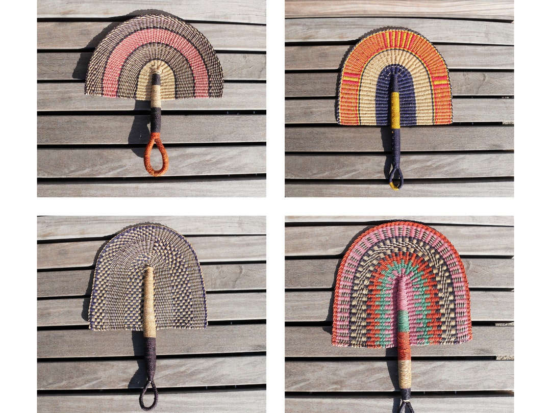 African Woven Fan | Red Blue Yellow Bolga Hand Fan Wall Basket - Etsy