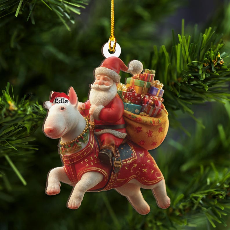 Personalized Bull Terrier Dog and Santa Christmas Wood Ornament, Flat ...
