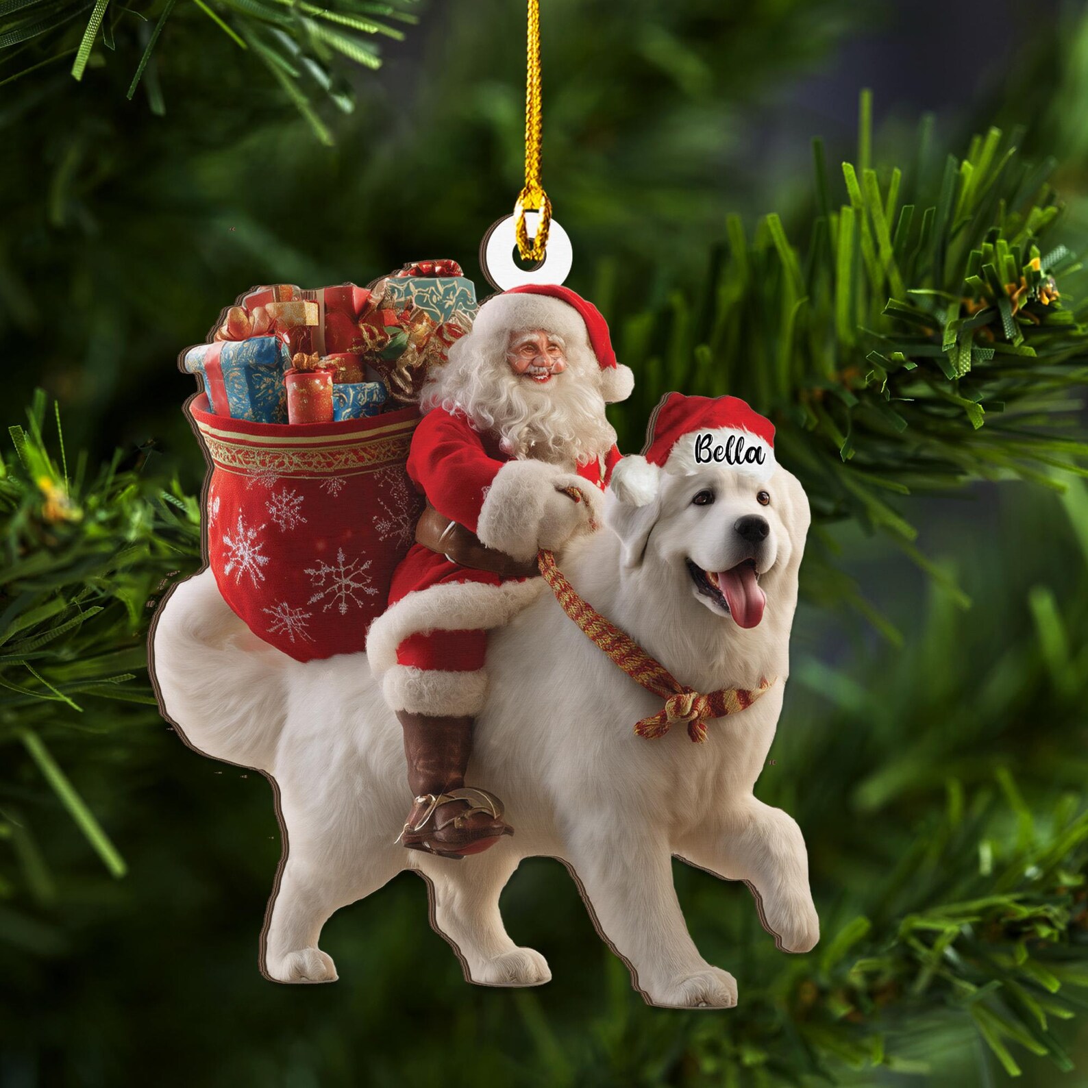 Personalized Great Pyrenees Dog and Santa Christmas Wood Ornament, Flat ...