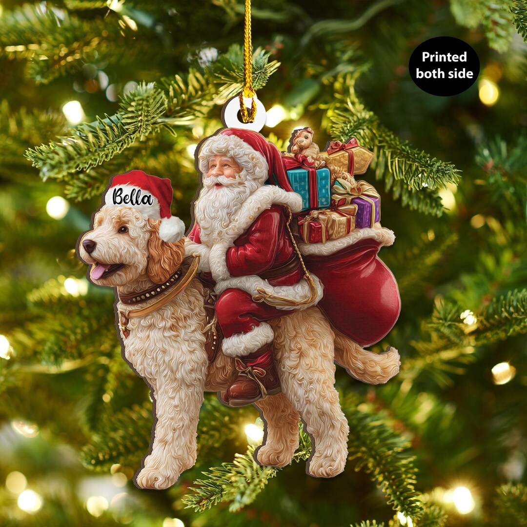 Personalized Goldendoodle Dog and Santa Christmas Wood Ornament, Flat ...