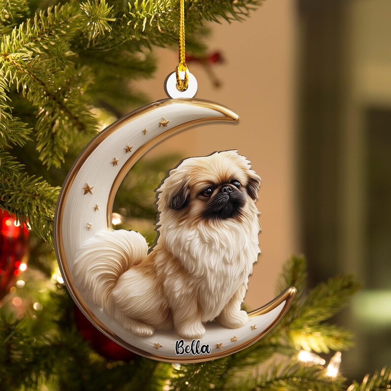Personalized Pekingese Dog on Moon Ash Plywood Ornament Flat 2D Cutout ...