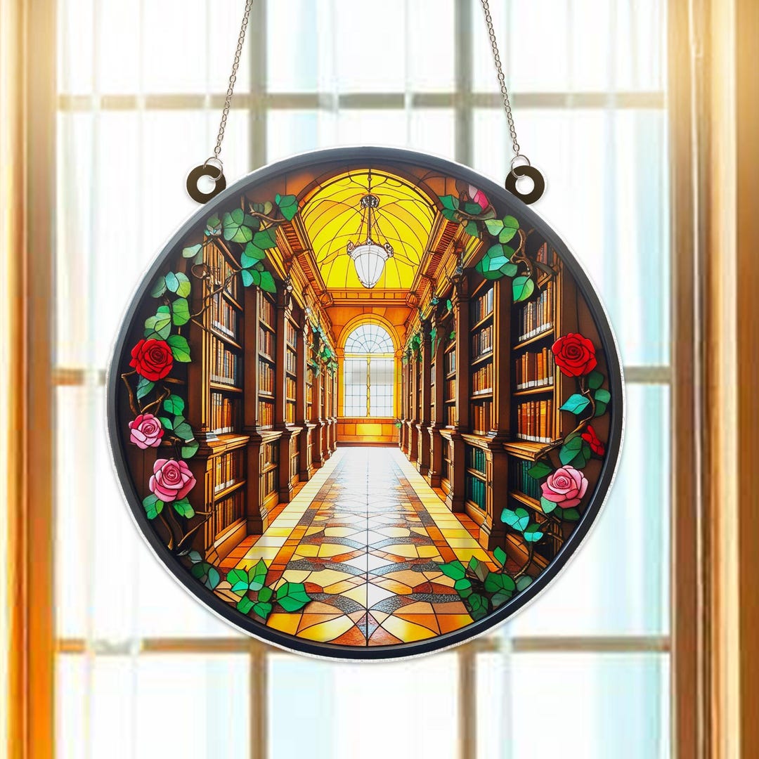 Library and Flower Suncatcher Window Ornament | Acrylic Hanging Decor ...