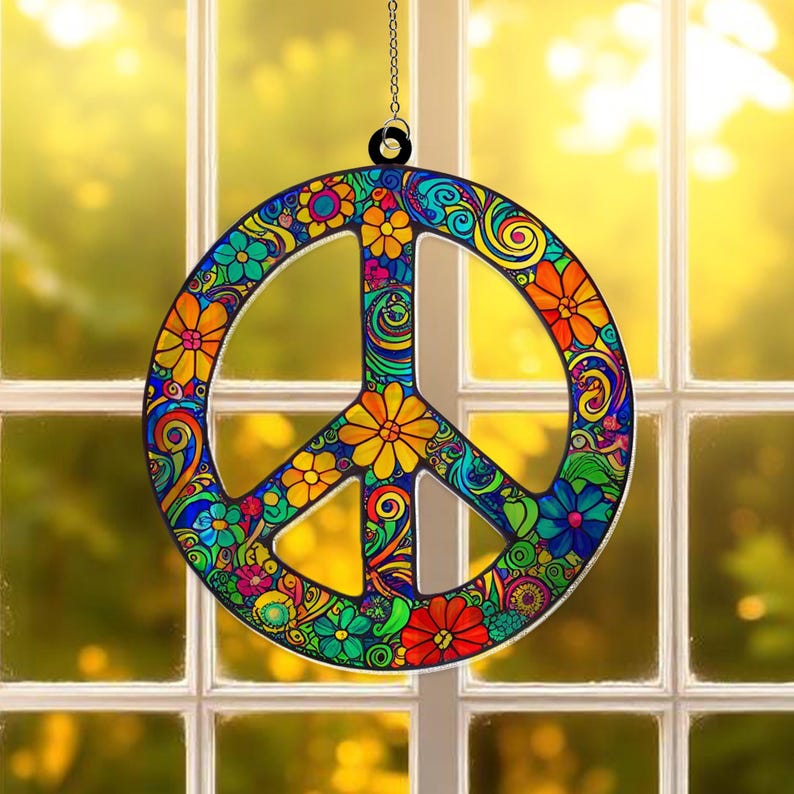Peace Sign Hippie Acrylic Suncatcher Window Hanging | Retro Boho Window ...