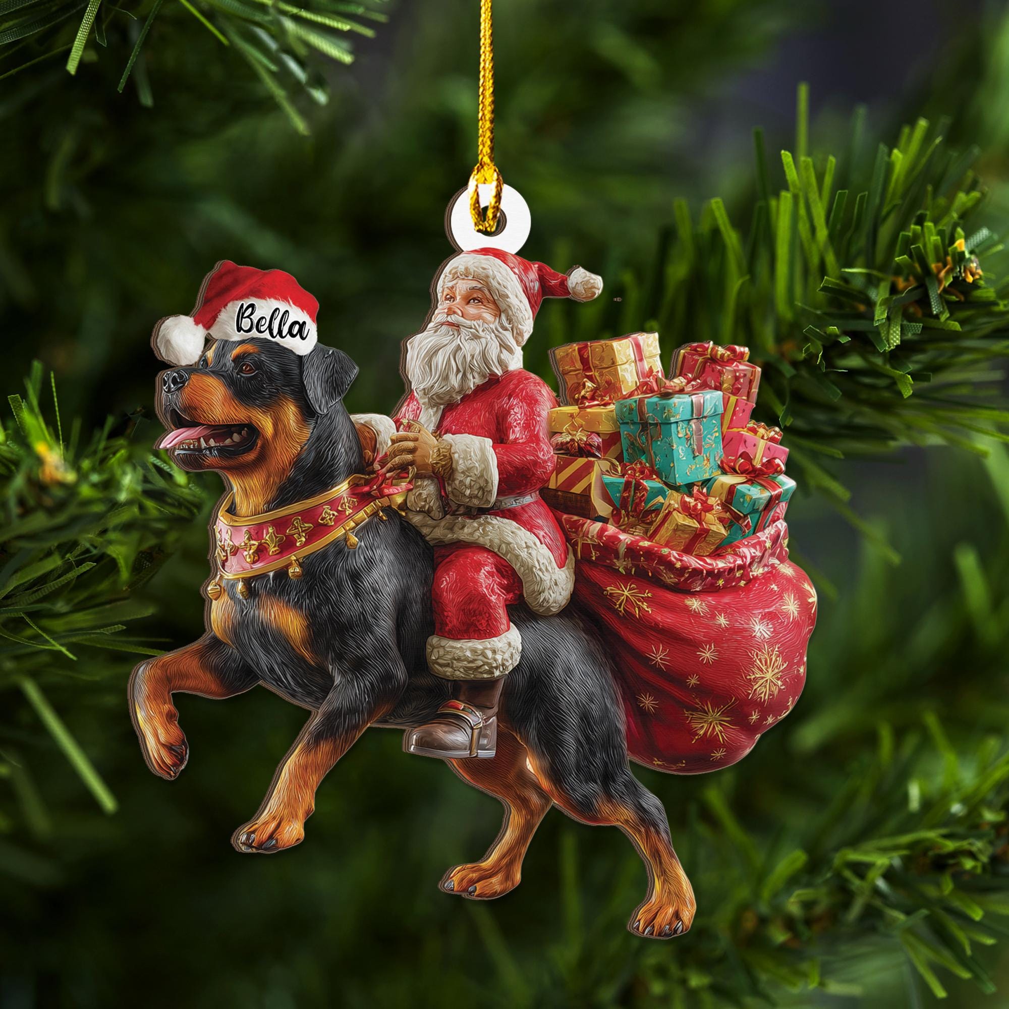 Personalized Rottweiler Dog and Santa Christmas Wood Ornament, Flat 2D ...